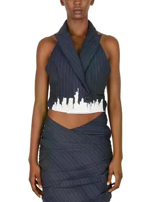 LOURDES Pinstripe Halter Neck Top With Graphic Trim - Blue