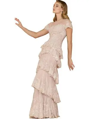 MAC DUGGAL COLLECTION Embellished High Neck Gown With Tiered Ruffle Skirt - Pink