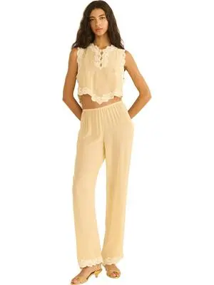 DÔEN Felise Silk Georgette Lace Trimmed Wide Leg Pants - Shell