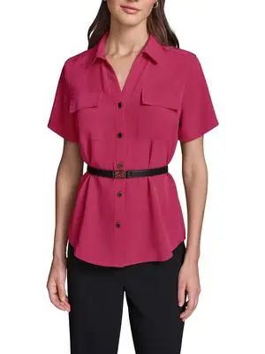 Karl Lagerfeld Paris Belted Button-up Shirt - Currant
