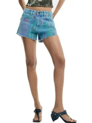 Desigual Multicolor Wash Denim Shorts - Light Blue