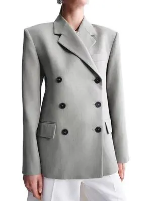 Mango Double-breasted Cotton & Linen Blazer - Grey