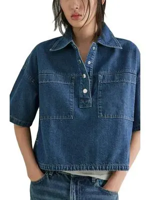 Mango Short Sleeve Denim Shirt - Medium Blue
