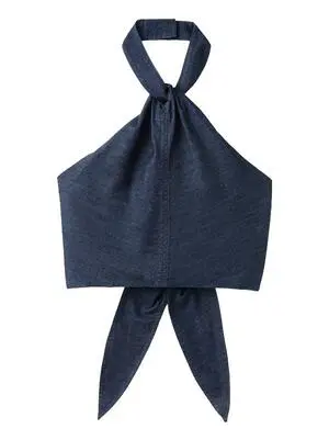 Mango Cotton & Linen Denim Crop Halter Top - Open Blue