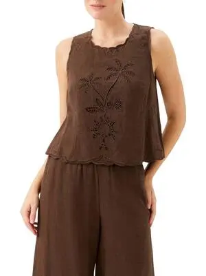 Fifteen Twenty Elina Embroidered Sleeveless Top - Brown