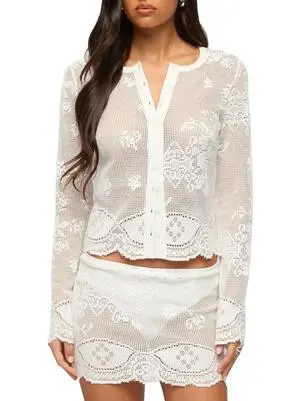 EDIKTED Sheer Open Stitch Button-up Shirt With Scalloped Edges - White