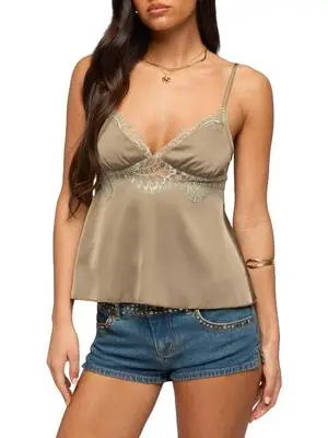 EDIKTED Lace Trim Satin Camisole - Olive