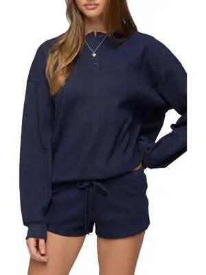EDIKTED Baila Waffle Knit Henley Top - Navy