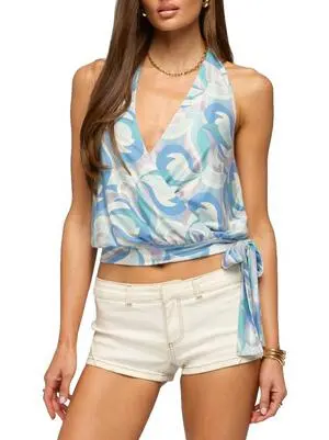 EDIKTED Abstract Print Halter Neck Crop Top - Blue Mix