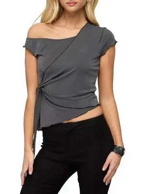 EDIKTED Asymmetrical Off-the-shoulder Wrap Top - Dark-gray