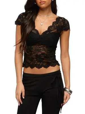 EDIKTED Elza Scallop Sheer Lace Crop Top - Black
