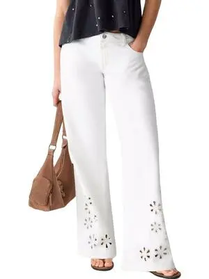 Mango Eyelet Hem Wide Leg Jeans - Off White