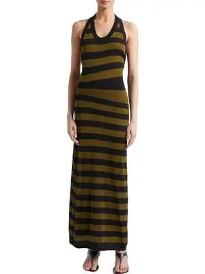Proenza Schouler Stripe Cotton Knit Halter Maxi Dress - Black Multi