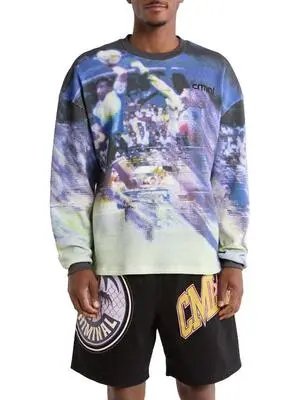 CRIMINAL DAMAGE Hand Of God Graphic Waffle Knit Long Sleeve T-shirt - Blue Multi