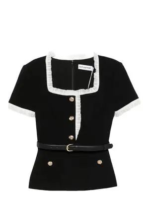SELF-PORTRAIT Self-Portrait Black Crepe Belted Blouse With Gold Buttons And Frill Trim