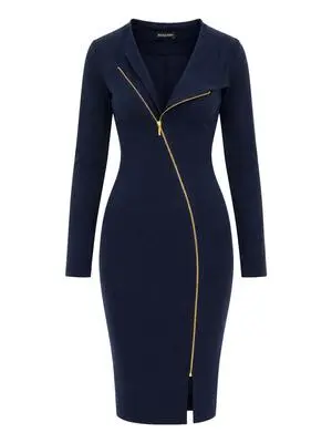 ROSERRY Chelsea Long Sleeve Midi Dress With Metallic Zipper - Navy
