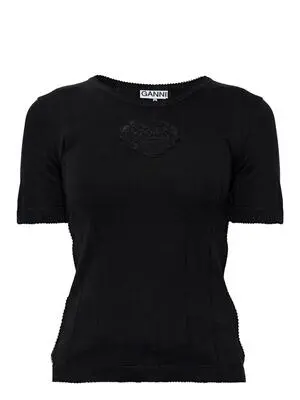 GANNI Ribbed Knit Top With Heart Appliqu - Black