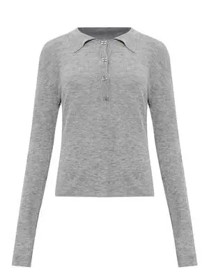 GANNI Slim-fit Wool Polo With Embellished Buttons - Grey