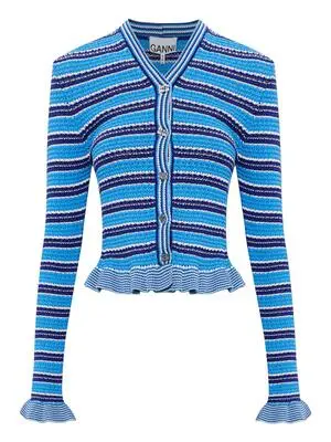 GANNI Striped Ruffle Cardigan - Blue