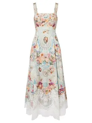 Camilla Printed Lace-trimmed Cotton Midi Dress - Multicoloured