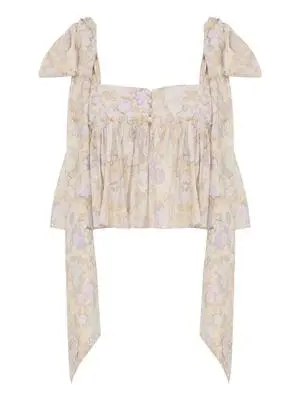 Chloé Sleeveless Cropped Top With Painted Flowers Print And Knotted Straps - Multicolor Purple