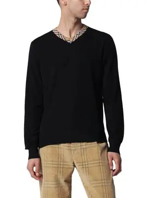 Burberry Wool V-neck Sweater With Check Motif - Black