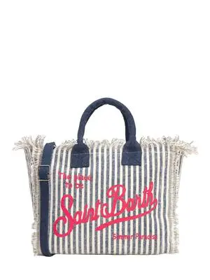 MC2 SAINT BARTH MC2 Saint Barth Striped Canvas Tote With Fringed Edges And Logo Detail