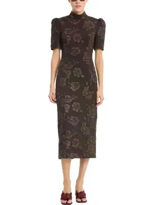 ROTATE BY BIRGER CHRISTENSEN Dark Floral Jacquard Midi Dress - Brown