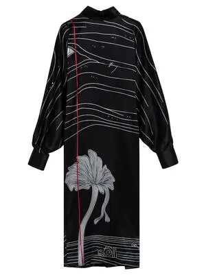 FERRAGAMO Silk Satin Midi Dress With Spirit Print - Black