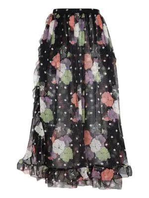 Etro Floral Polka Dot Ruffled Silk Maxi Skirt - Black
