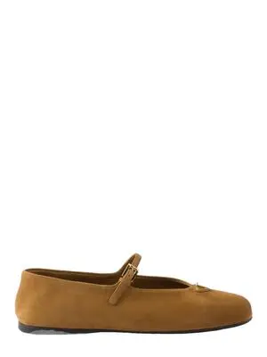 Prada Round Toe Suede Ballerinas With Buckled Strap - Brown