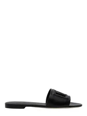 Dolce & Gabbana Calfskin Leather Slides With Dg Logo - Black