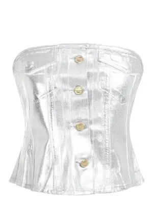 GANNI Foil Corsage Denim Top - Silver