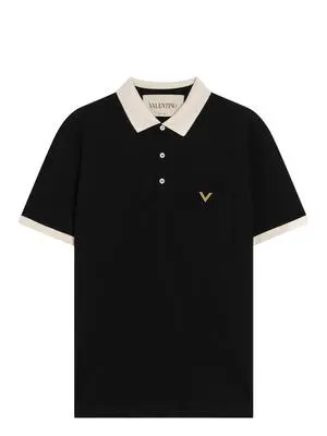 Valentino Garavani Cotton Pique Polo Shirt With Vgold - Black