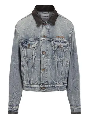 Miu Miu Denim Jacket With Leather Collar - Blue