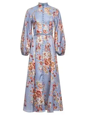 Zimmermann Light Blue Floral Chambray Linen Midi Dress - Multicolor