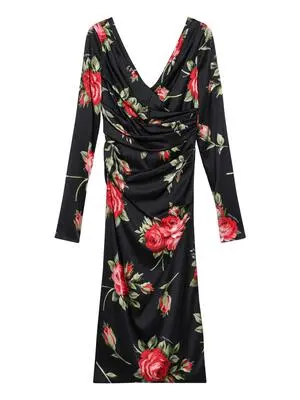 Dolce & Gabbana Black Bouquet Rose Print Draped Satin Dress - Multicolor