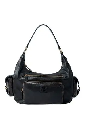 Miu Miu Miu Miu Leather Shoulder Bag With Distressed Finish And Zip Pockets Brown