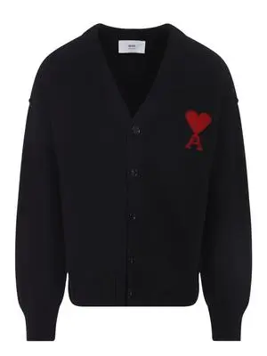 Ami Wool V-neck Cardigan With Embroidered Logo - Black