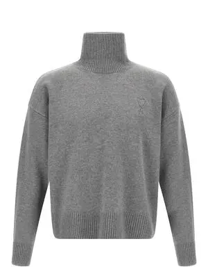 AMI Paris Puff Logo High Neck Sweater - Gray