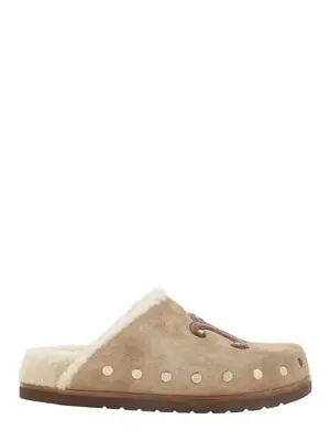 Celine Triomphe Wedge 15mm Suede Shearling Mules - Brown