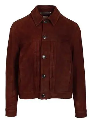 Paul Smith Pleated Nubuck Leather Trucker Jacket - Brown