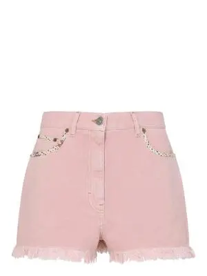 Valentino Garavani Cotton And Linen Blend Denim Shorts With Floral Accents - Multicolor