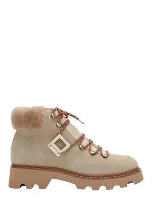 ROGER VIVIER Suede Lace-up Ankle Boots With Buckle Detail - Cream