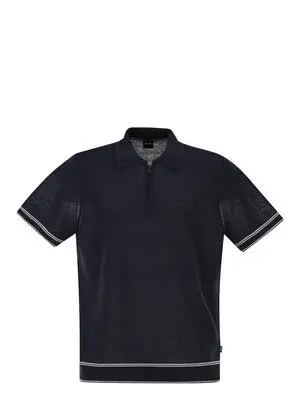 BOSS Boss Men Linen And Viscose Polo Shirt With Zip And Contrast Trims Blue