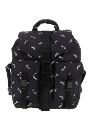 GANNI Re-tech Backpack With All-over Logo Print - Black