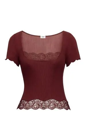 Saint Laurent Ribbed Silk T-shirt With Lace Details - Red
