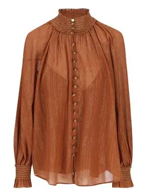 Zimmermann ZIMMERMANN Metallic Striped High Neck Shirred Blouse Brown