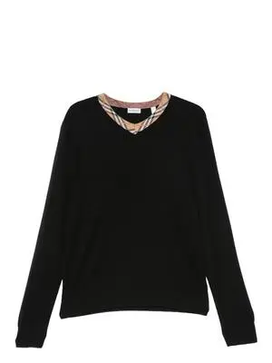 Burberry Fine Knit V-neck Sweater With Check-pattern Trim - Black