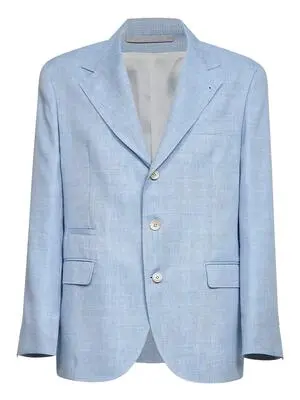 Brunello Cucinelli Light Blue Linen And Virgin Wool Chevron Deconstructed Blazer - Multicolor